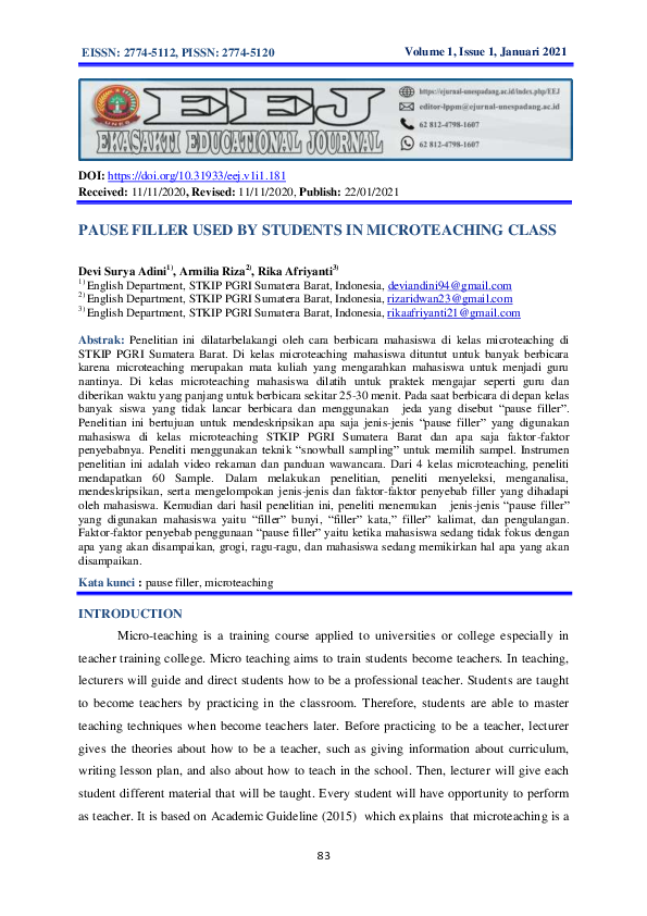 (PDF) Pause Filler Used by Students in Micro Teaching Class