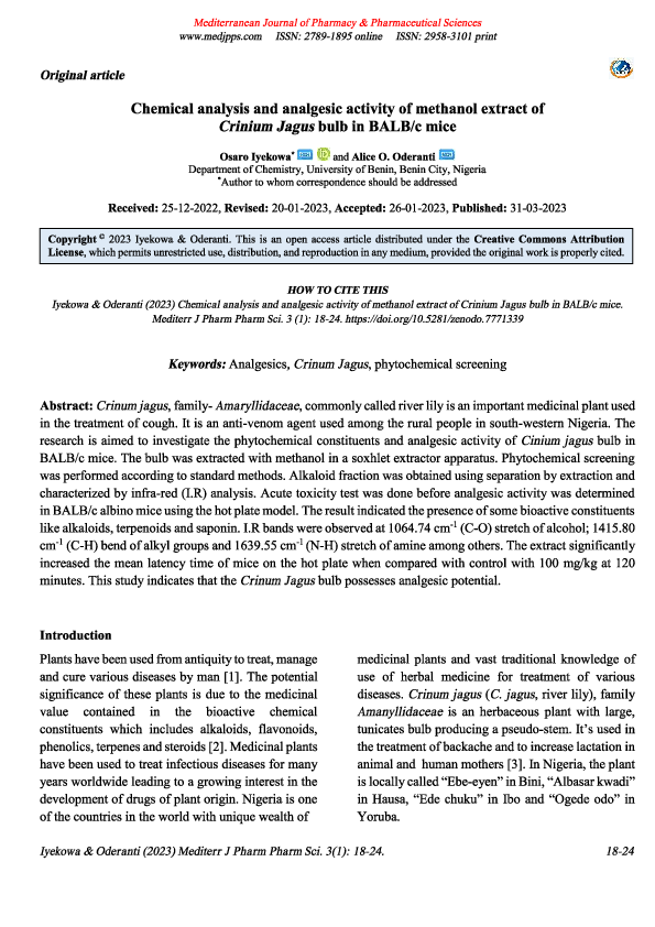 (PDF) Chemical analysis and analgesic activity of methanol extract of ...