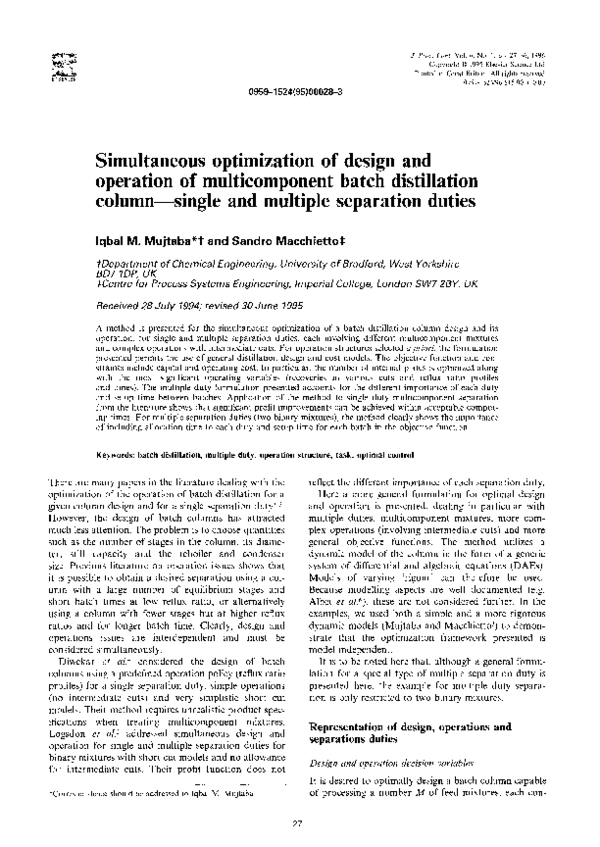 (PDF) Simultaneous optimization of design and operation of multicomponent batch distillation ...