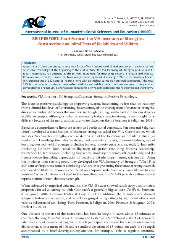 (PDF) BRIEF REPORT: Short Form of the VIA Inventory of Strengths ...