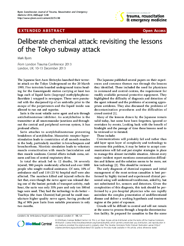 (PDF) Deliberate chemical attack: revisiting the lessons of the Tokyo subway attack