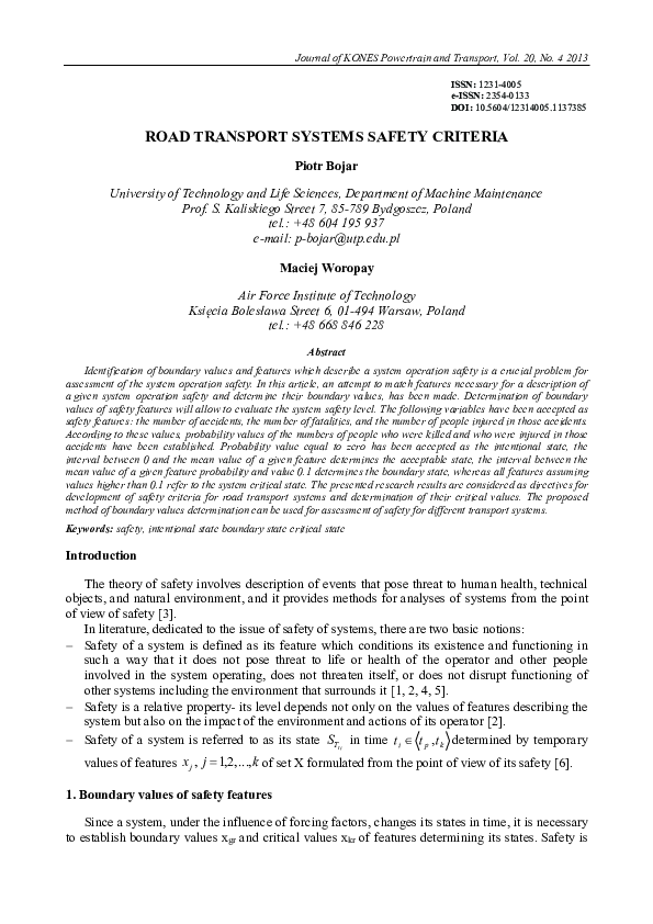 (PDF) Road Transport Systems Safety Criteria