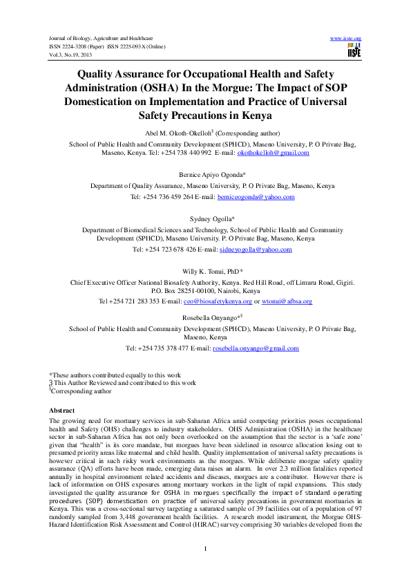 (PDF) Quality Assurance for Occupational Health and Safety ...