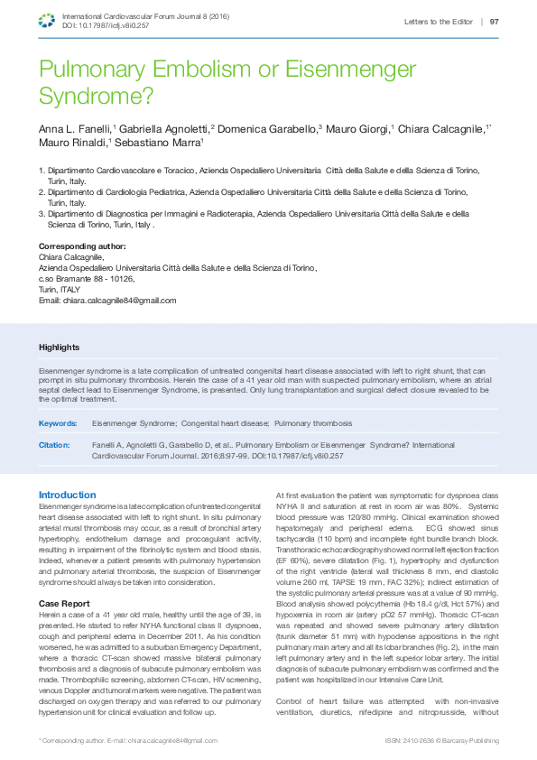 Pdf Pulmonary Embolism Or Eisenmenger Syndrome