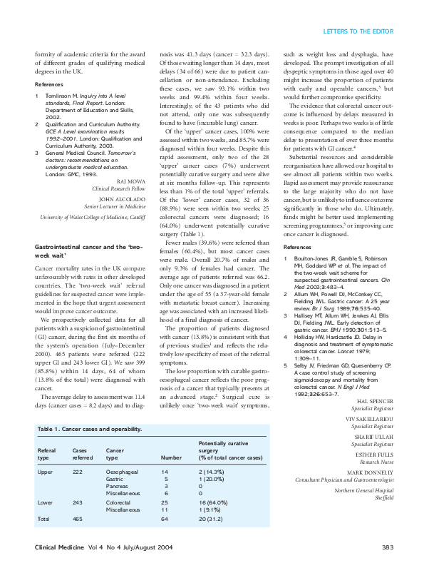 (PDF) Gastrointestinal cancer and the ‘twoweek wait’