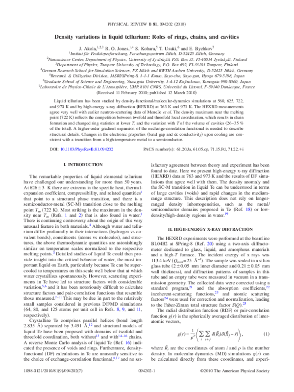 (PDF) Density variations in liquid tellurium: Roles of rings, chains ...