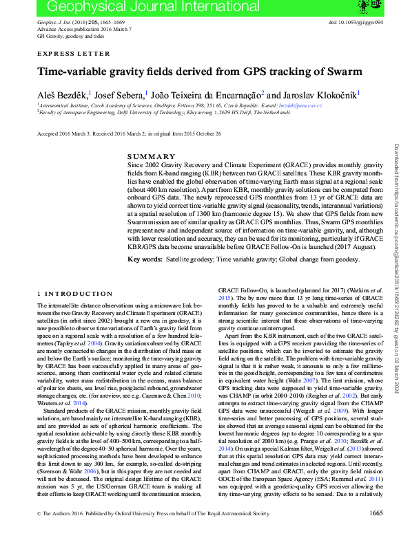 (PDF) Time-variable gravity fields derived from GPS tracking of Swarm | Jaroslav Klokocnik ...