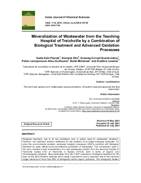 (PDF) Mineralization of Wastewater from the Teaching Hospital of ...