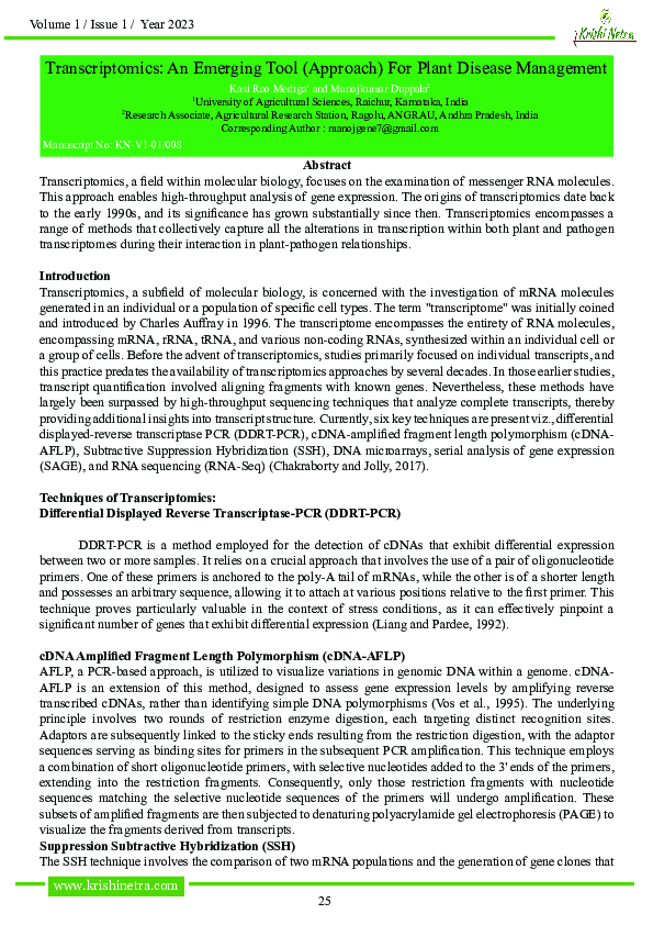 (PDF) Transcriptomics: An Emerging Tool (Approach) For Plant Disease Management