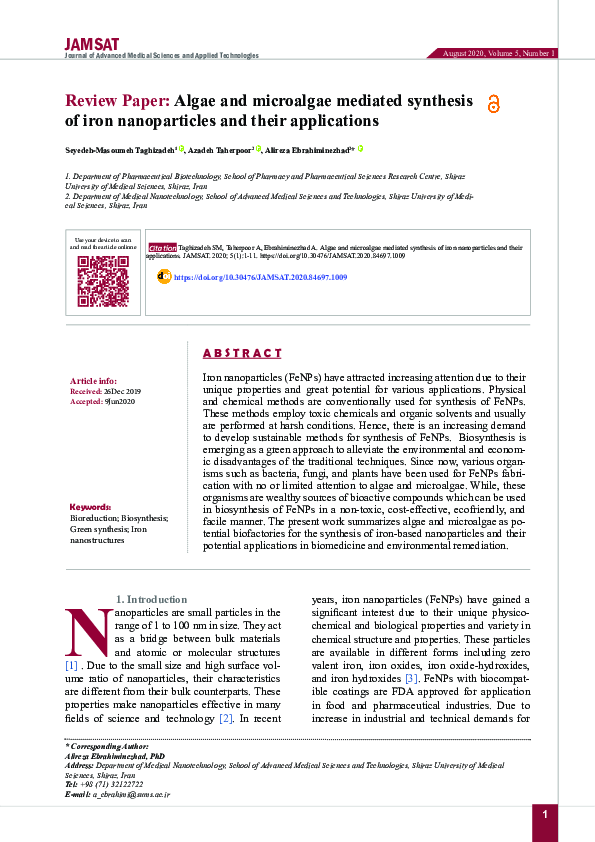 (PDF) Algae and microalgae mediated synthesis of iron nanoparticles and their applications