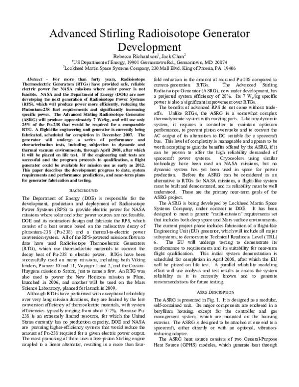 (PDF) Advanced Stirling radioisotope generator development