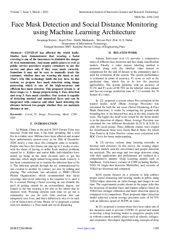 (PDF) Face Mask Detection and Social Distance Monitoring using Machine Learning Architecture