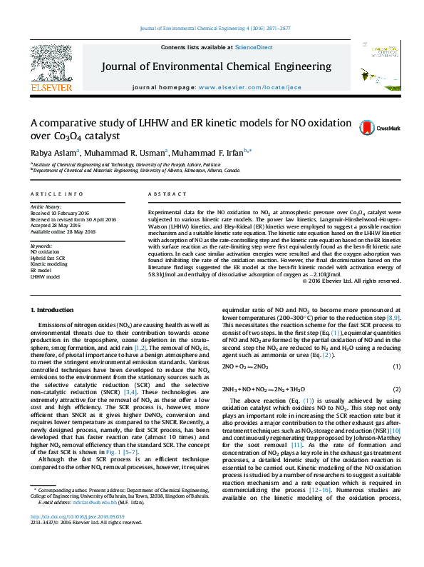 (PDF) A comparative study of LHHW and ER kinetic models for NO ...
