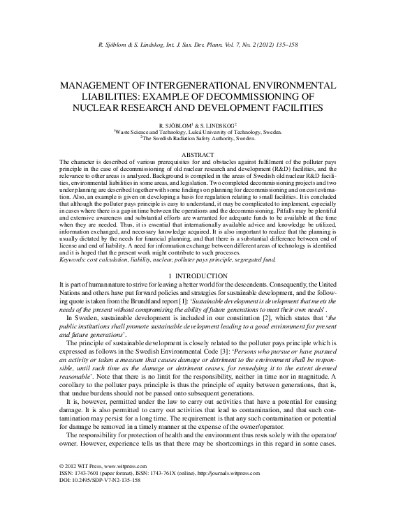 (PDF) Management of intergenerational environmental liabilities ...