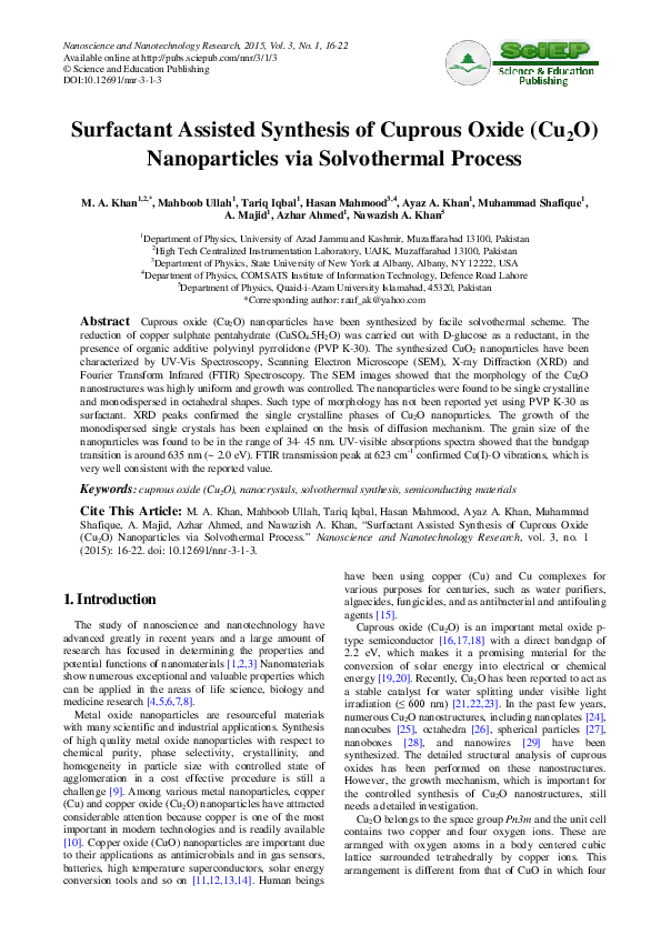 (PDF) Surfactant Assisted Synthesis of Cuprous Oxide (Cu 2 O ...