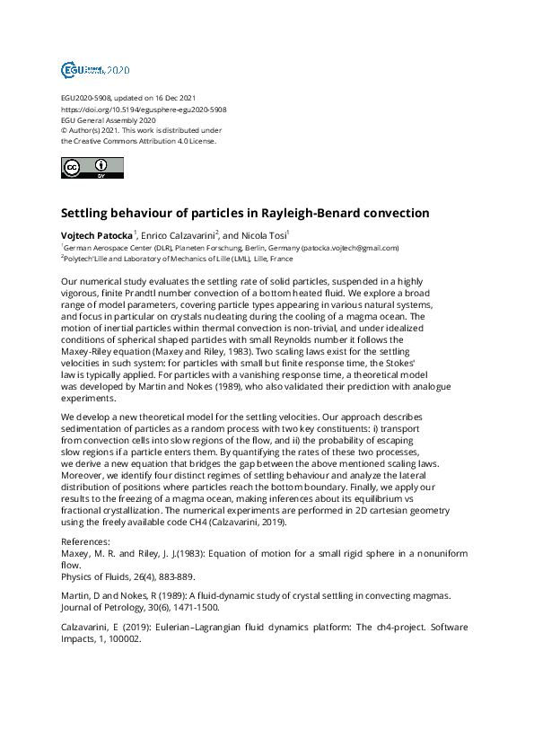 (PDF) Settling behaviour of particles in Rayleigh-Benard convection