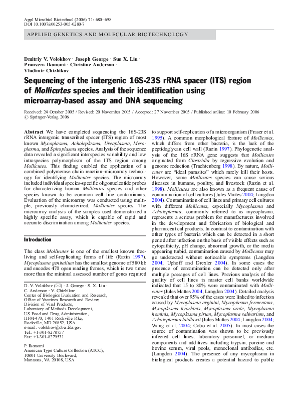 (PDF) Sequencing of the intergenic 16S-23S rRNA spacer (ITS) region ...