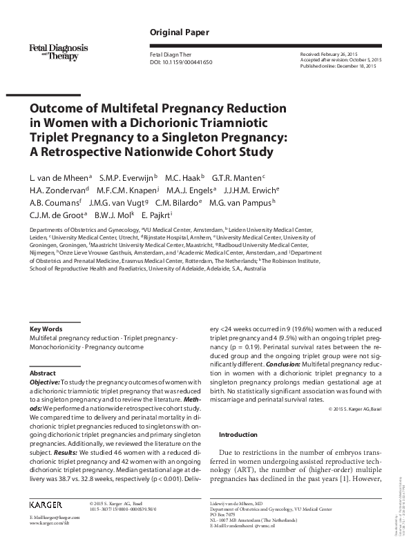 (PDF) 27: Outcome after embryo reduction in triplet pregnancy compared ...