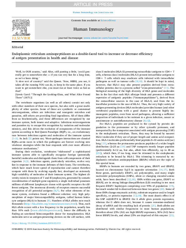 (PDF) Endoplasmic reticulum aminopeptidases as a double-faced tool to ...