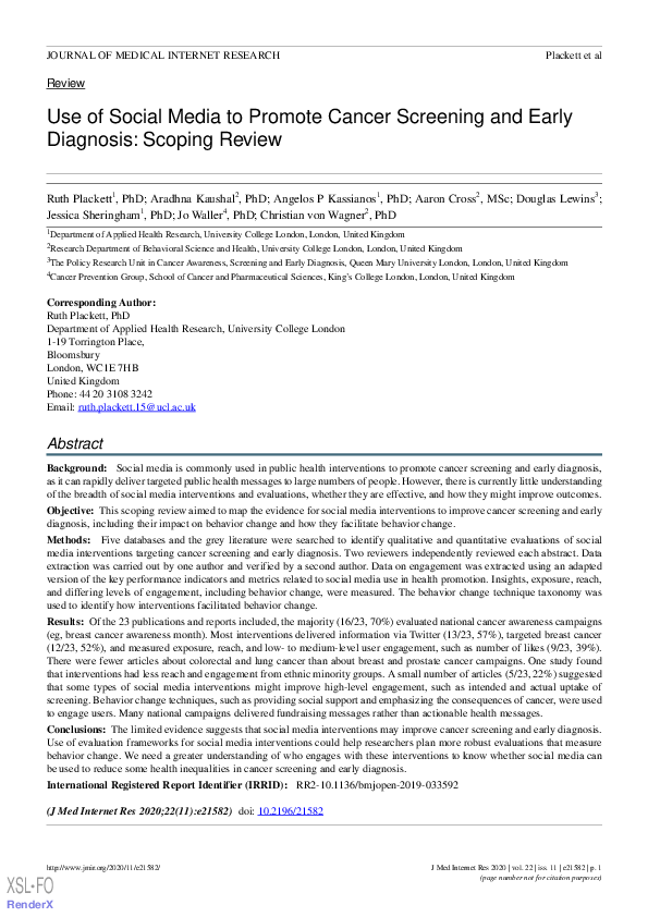 (PDF) Use of Social Media to Promote Cancer Screening and Early ...