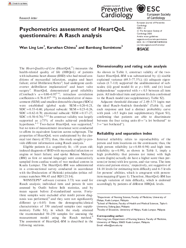 (PDF) Psychometrics assessment of HeartQoL questionnaire: A Rasch analysis