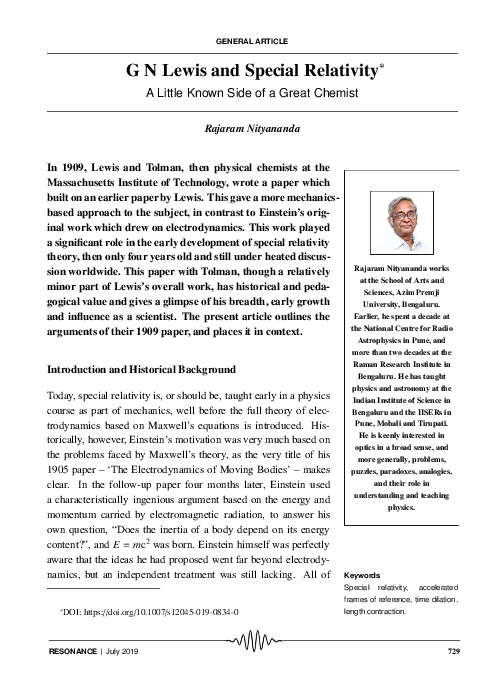 (PDF) G N Lewis and Special Relativity