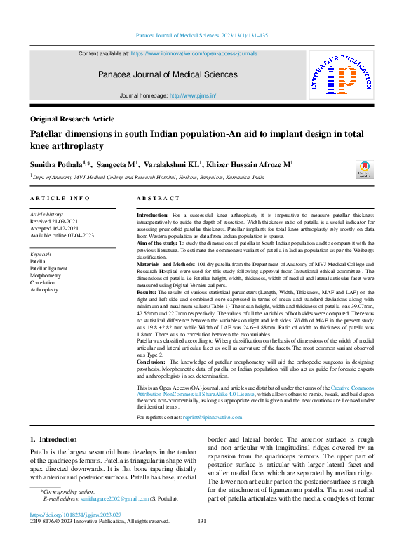 Pdf Patellar Dimensions In South Indian Population An Aid To Implant