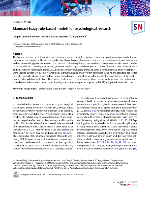 (PDF) Mamdani fuzzy rule-based models for psychological research