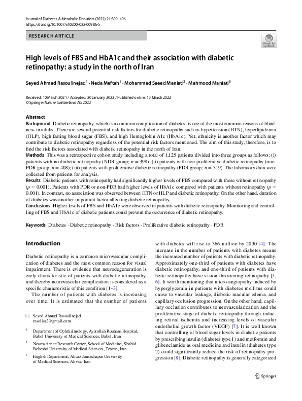 (PDF) High levels of FBS and HbA1c and their association with diabetic ...