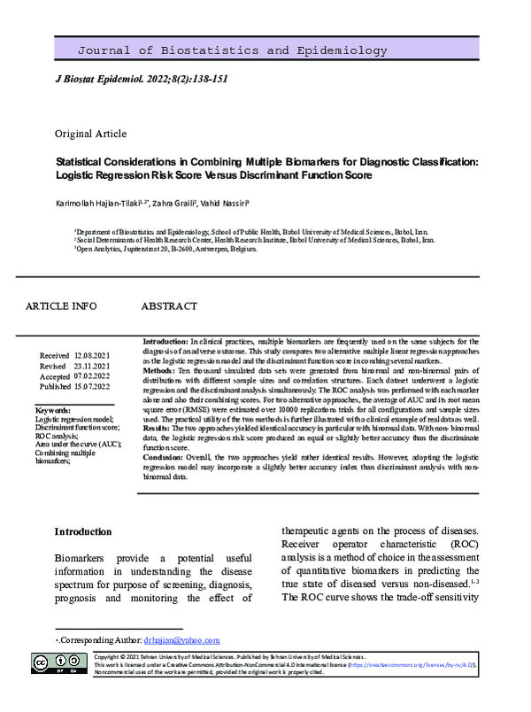 (PDF) Statistical Considerations in Combining Multiple Biomarkers for Diagnostic Classification ...