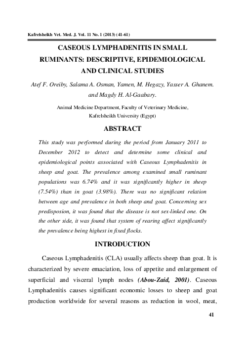 (PDF) Caseous Lymphadenitis in Small Ruminants: Descriptive ...