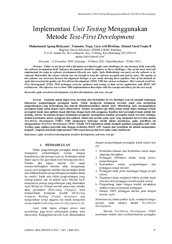 (PDF) Implementasi Unit Testing menggunakan metode Test-First Development (PDF) Implementasi Unit Testing menggunakan metode Test-First Development
