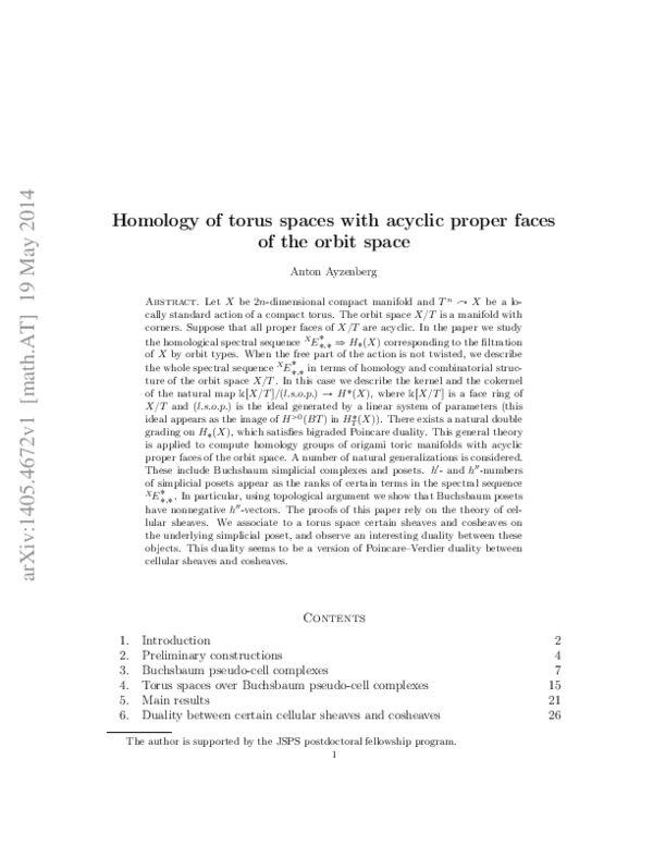 (PDF) Homology of torus spaces with acyclic proper faces of the orbit ...