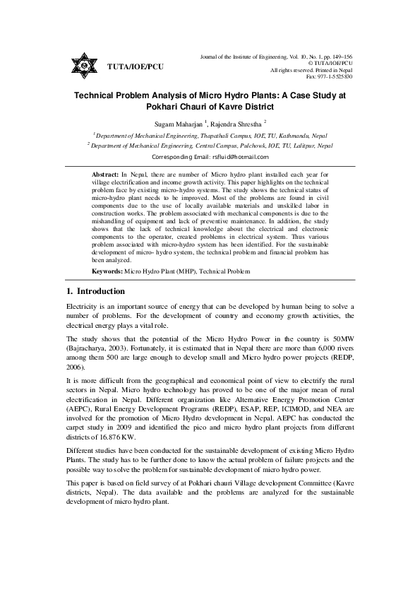 (PDF) Technical Problem Analysis of Micro Hydro Plants: A Case Study at ...