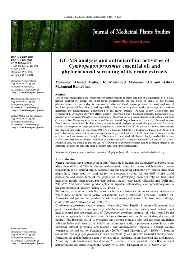(PDF) GC-MS analysis and antimicrobial activities of Cymbopogon proximus essential oil and ...