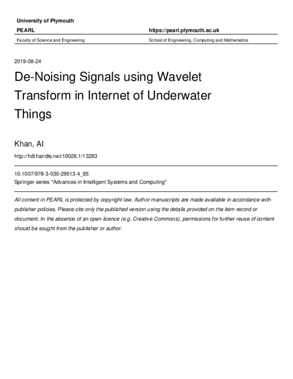 (PDF) De-Noising Signals Using Wavelet Transform in Internet of Underwater Things | Amir Momen ...