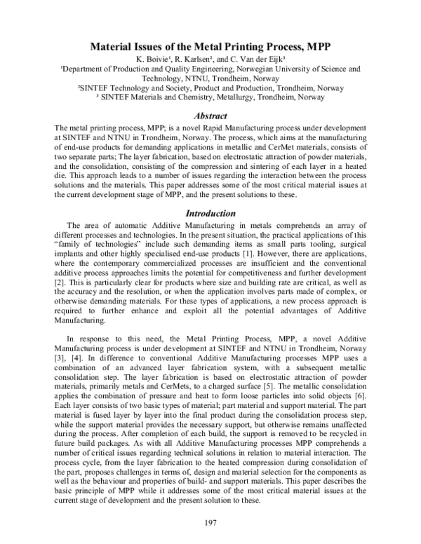 (PDF) Material Issues of the Metal Printing Process, MPP
