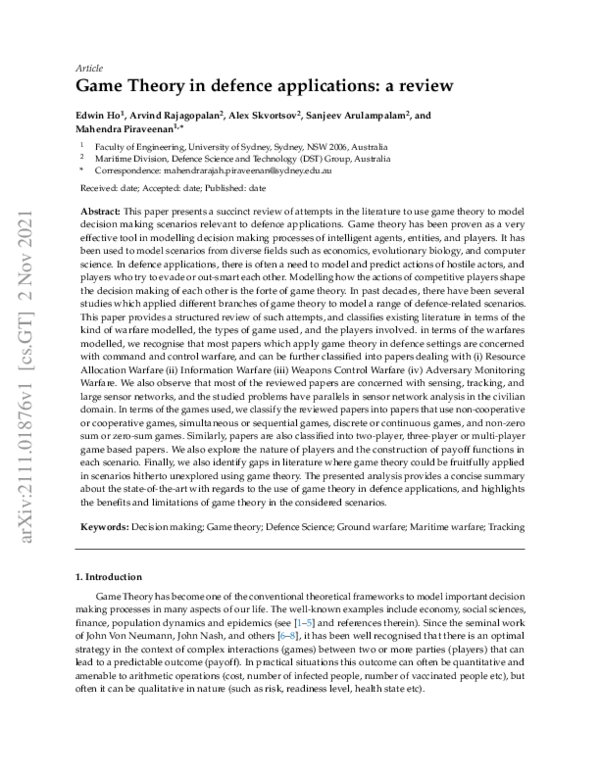 (PDF) Game Theory in defence applications: a review