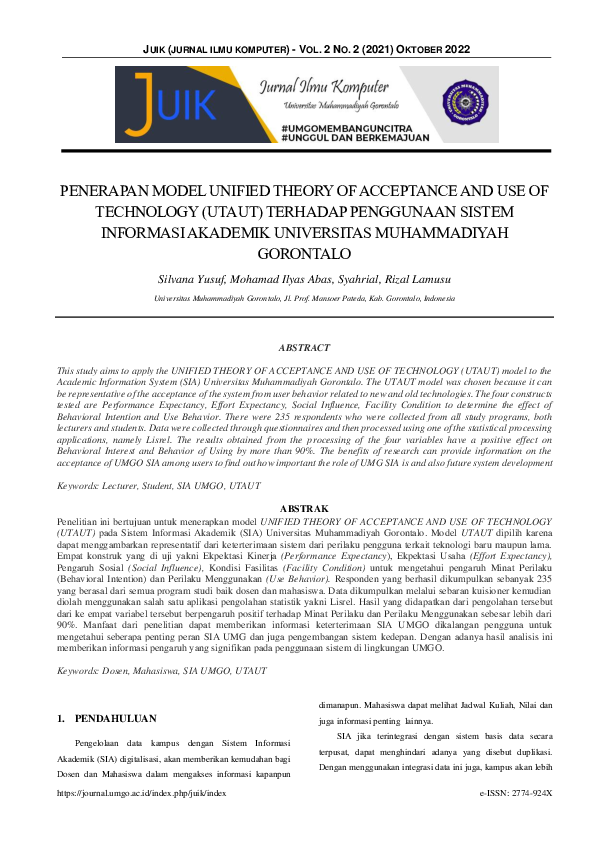 (PDF) Penerapan Model Unified Theory of Acceptance and Use of Technology (Utaut) Terhadap ...