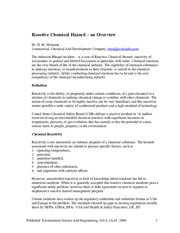 (PDF) Reactive Chemical Hazard -an Overview