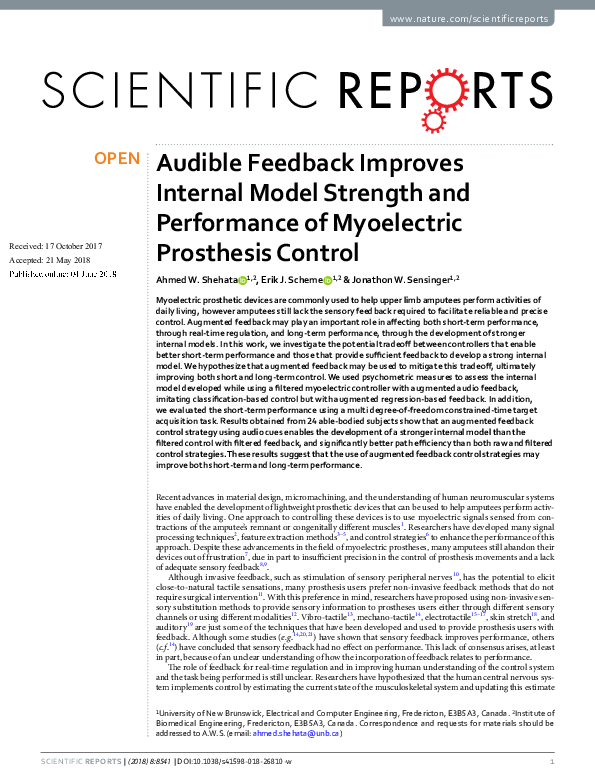 (PDF) Myoelectric Prosthesis Control: Improving Internal Model Strength and Performance Using ...