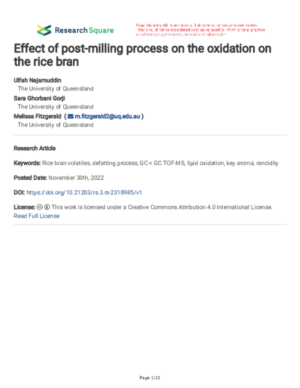 (PDF) Effect of post-milling process on the oxidation on the rice bran