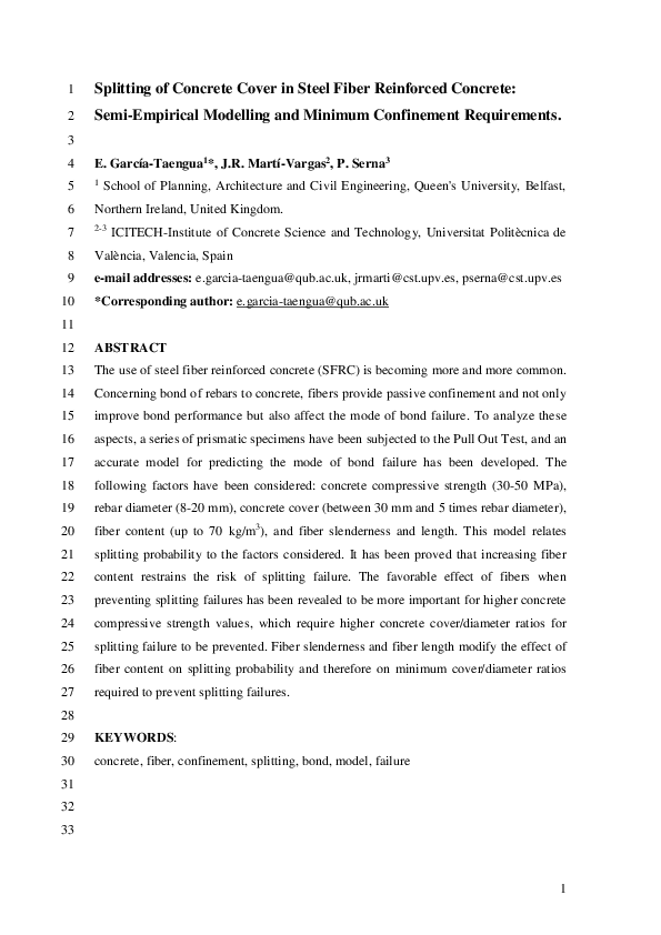 (PDF) Splitting of concrete cover in steel fiber reinforced concrete ...