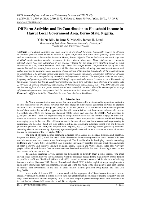 (PDF) Off Farm Activities and Its Contribution to Household Income in ...