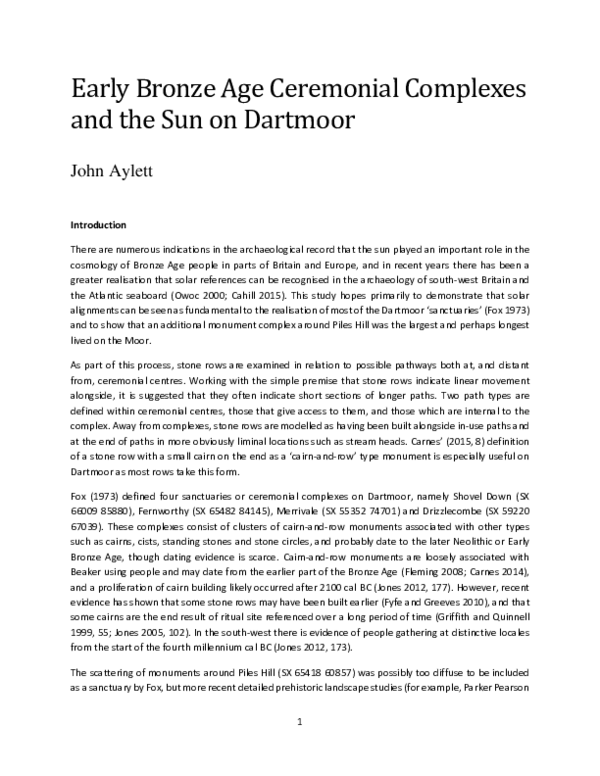 (PDF) Early Bronze Age Ceremonial Complexes and the Sun on Dartmoor