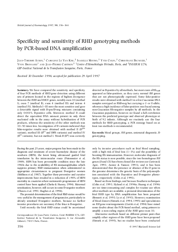 (PDF) Specificity and sensitivity of RHD genotyping methods by PCR ...