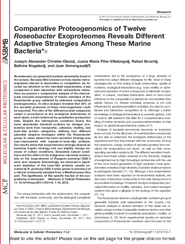 (PDF) Comparative Proteogenomics of Twelve Roseobacter Exoproteomes ...