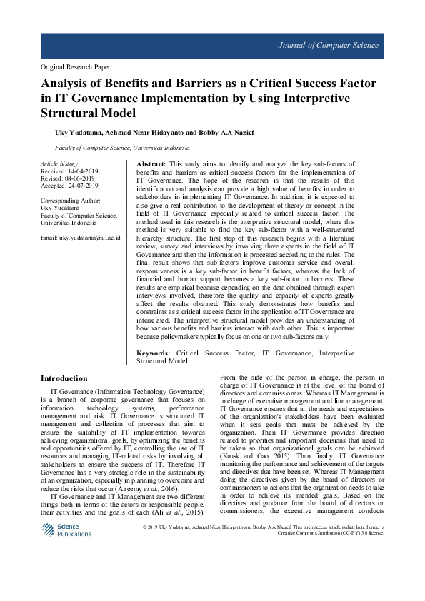 (PDF) Analysis of Benefits and Barriers as a Critical Success Factor in IT Governance ...
