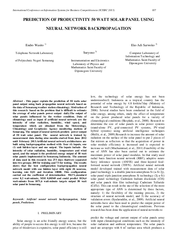 (PDF) Neural Network Prediction of 50W Solar Panel Output