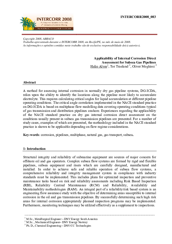 (PDF) Applicability of Internal Corrosion Direct Assessment for Subsea Gas Pipelines